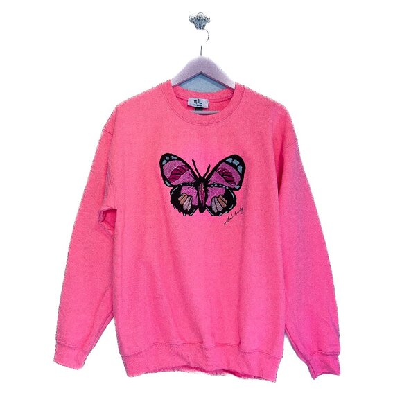 Wild Lady Lils | Tops | Neon Pink Crewneck Loud Wings Soft Heart | Poshmark